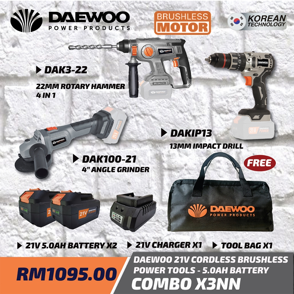 COMBO X 3NN DAEWOO 21V CORDLESS BRUSHLESS POWER TOOL- 5.0AH BATTERY ...