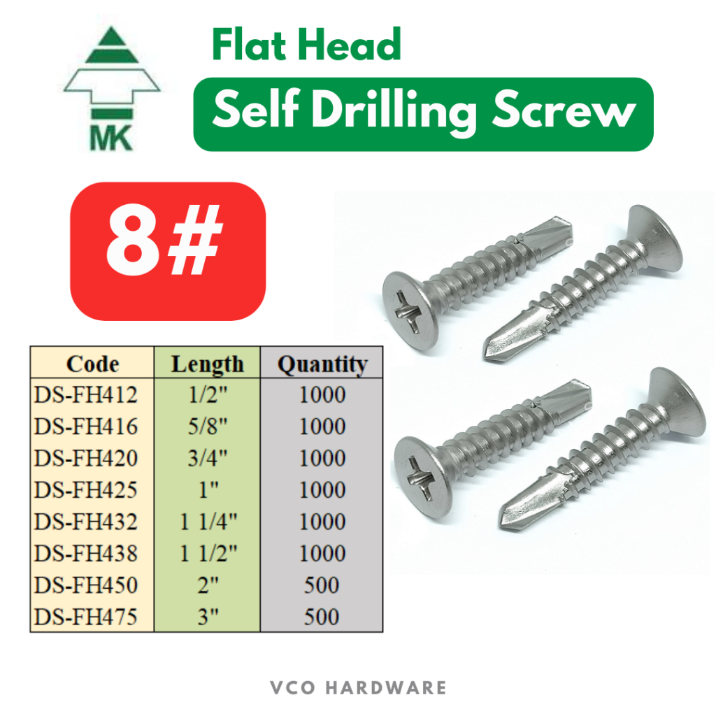 [ 1 Box / 8# ] MK 8# Flat Head Self Drilling Screw/Skru Besi/Mata Drill Skru | Shopee Malaysia