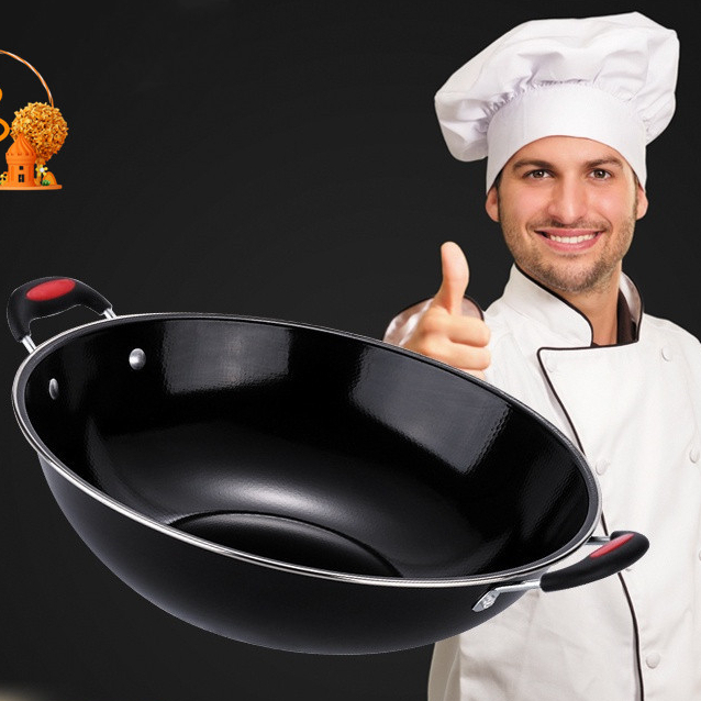 Iron Wok | Black Enamel Wok | Double Handle Enamel Wok | Stir-Fry Wok ...