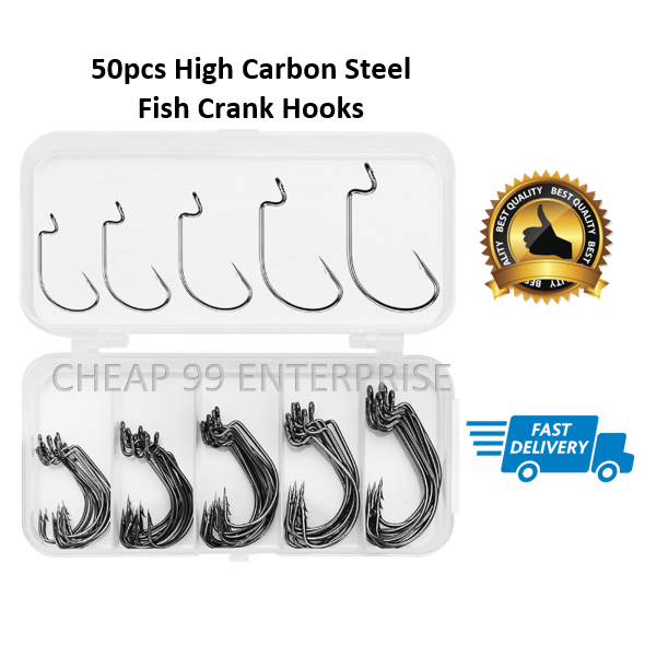 50pcs High Carbon Steel Fish Crank Hooks with Storage Set 5 Size 1# 2 ...