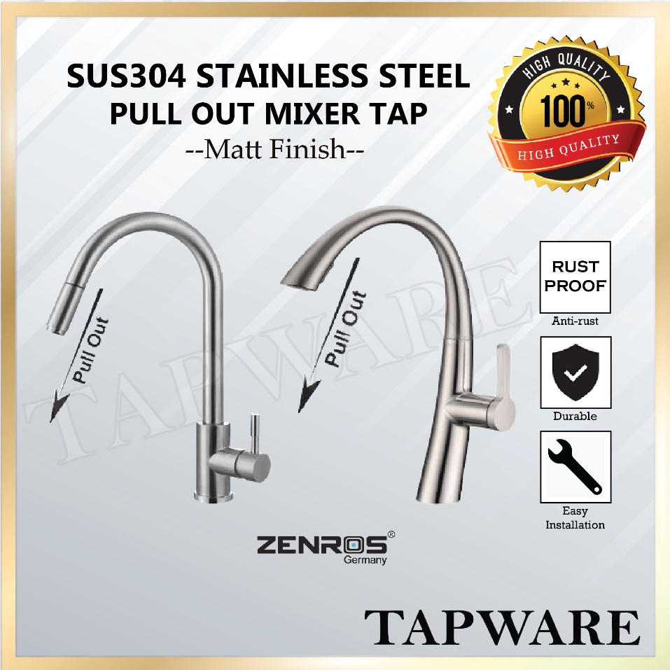 ZENROS SUS 304 Stainless Steel Matt Finish Kitchen Pull Out Mixer Tap ...