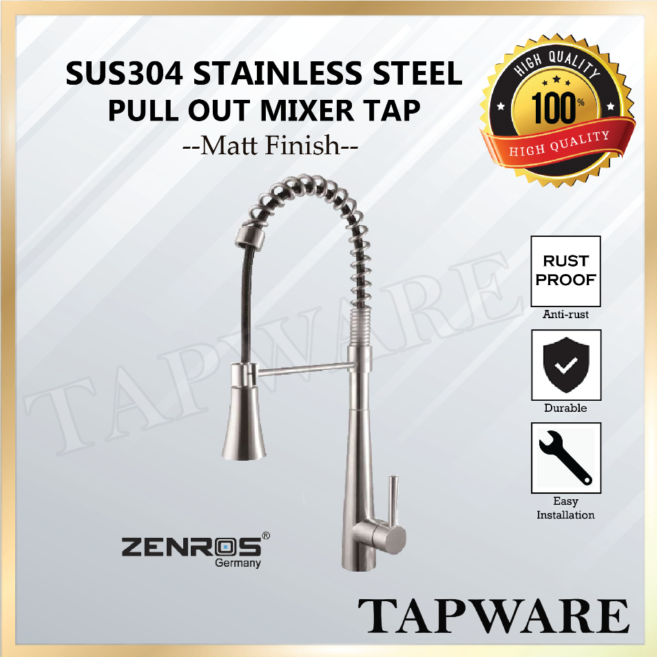 ZENROS SUS 304 Stainless Steel Matt Finish Kitchen Pull Out Mixer Tap ...