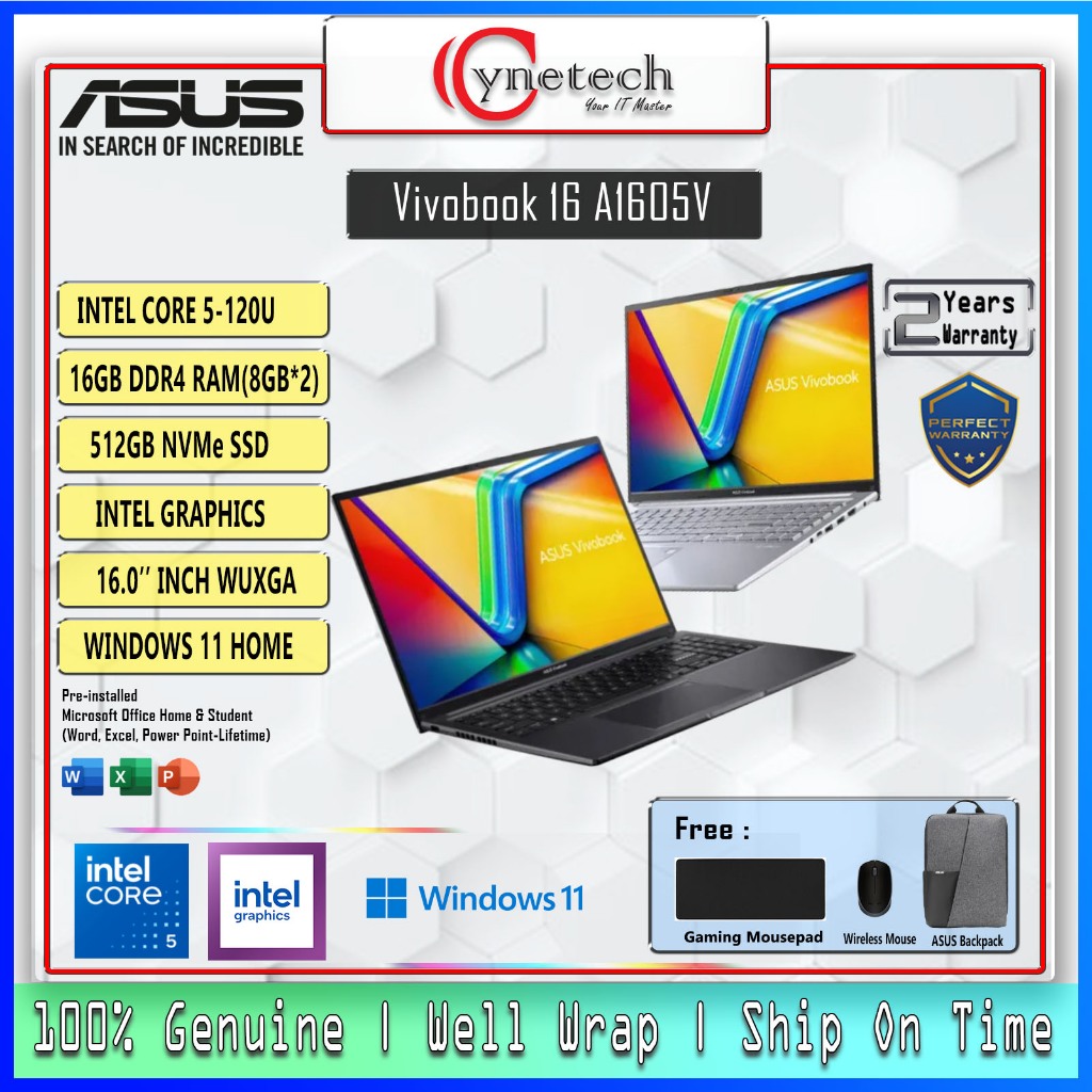 [NEW] ASUS VIVOBOOK 16 A1605V [INTEL CORE 5-120U/16GB RAM/512GB SSD/INTEL GRAPHICS/16.0" WUXGA ...