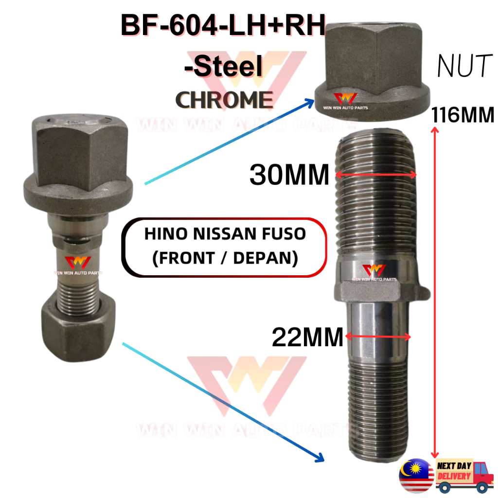 Hub Bolt Hino Nissan Fuso 30MM (CHROME) Wheel Hub Bolt (Front/Depan ...