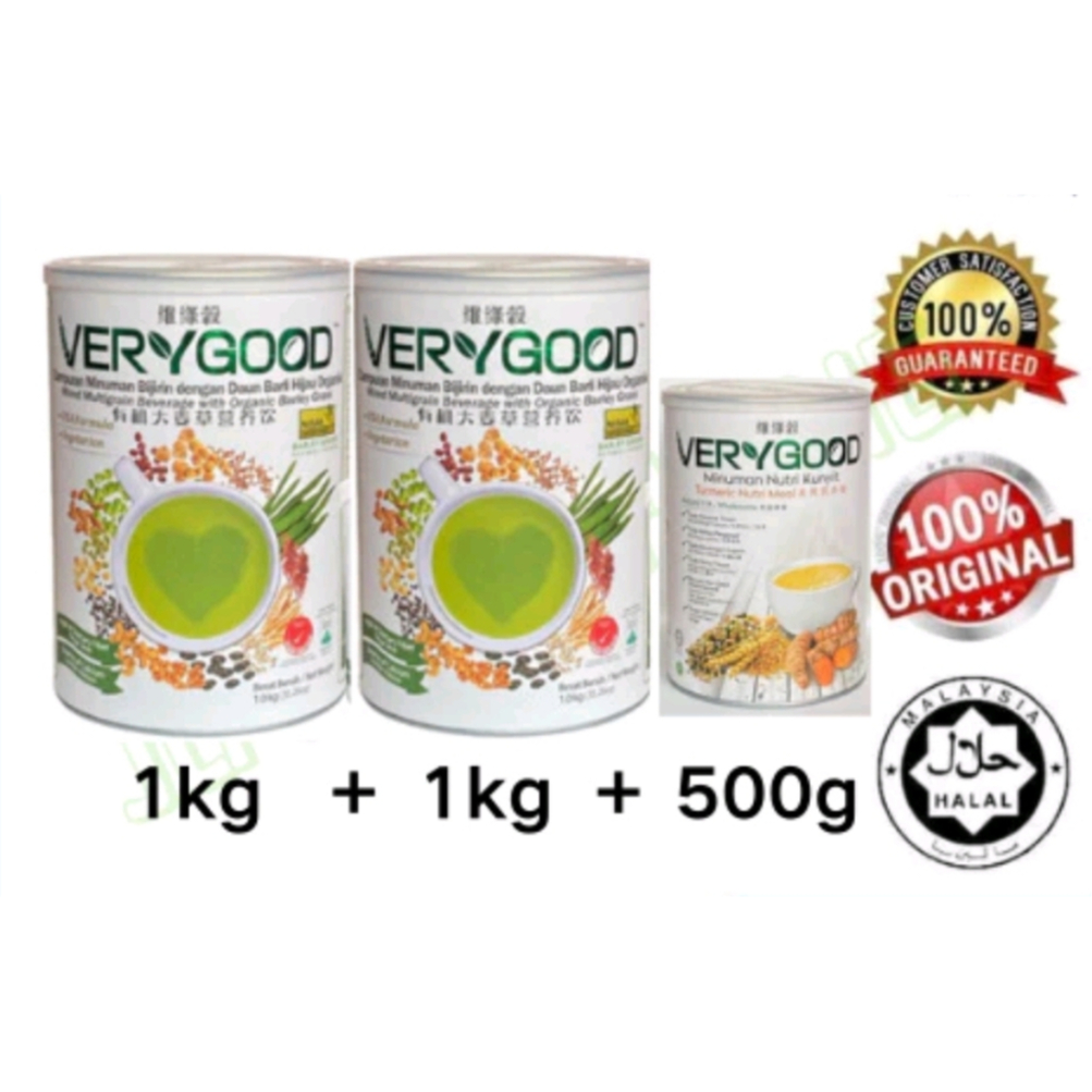VERYGOOD Organic Barley Grass & Multi Natural Grains (1kg x2) Free Tumeric Nutri Meal 500g ...