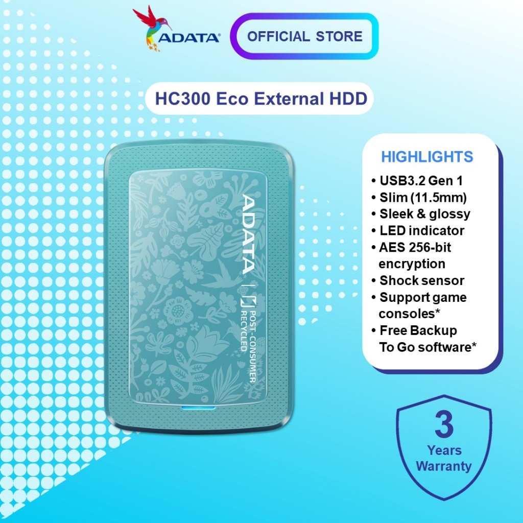 ADATA Portable External HDD Slim (10.3 mm) HC300 Eco USB 3.2 Gen 1 - Green (1TB/2TB) | Shopee ...