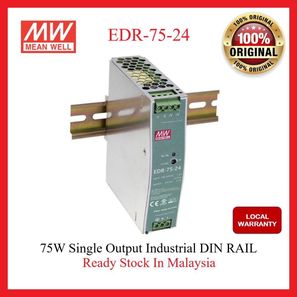 Mean Well EDR-75-24 din rail power supply 75W, 24V/3.2A | Shopee Malaysia