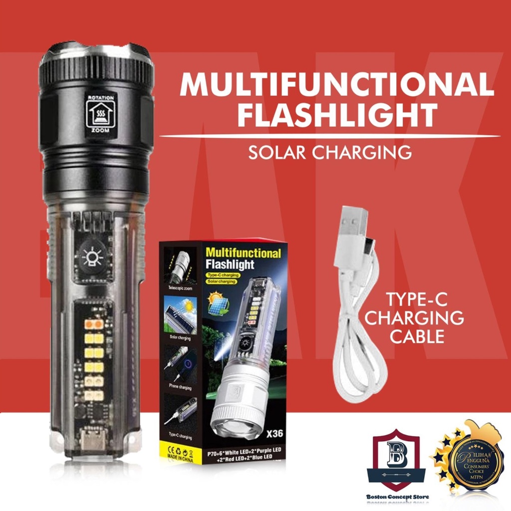 Multifunctional Flashlight X36 Transparent Torchlight with Type c Solar ...