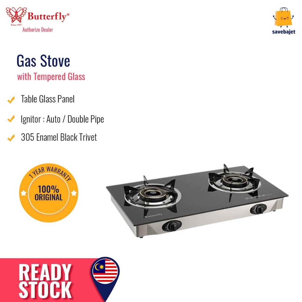 Butterfly Dapur Gas Kaca 2 Pembakar Double Table Glass Gas Stove BTG-2L ...
