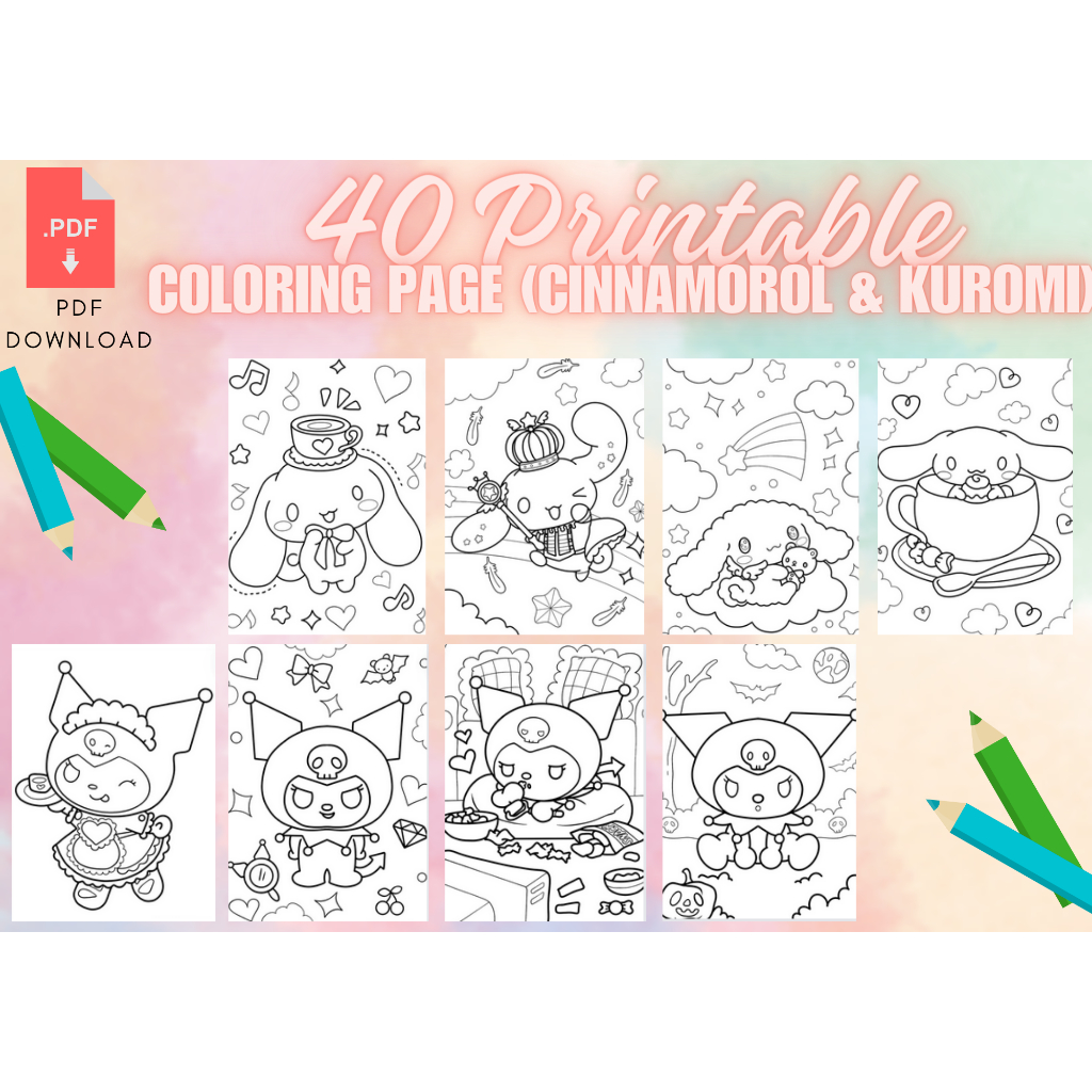 [PDF] 40 Pictures CINNAMOROL & KUROMI (SET 1) Printable Colouring Pages ...