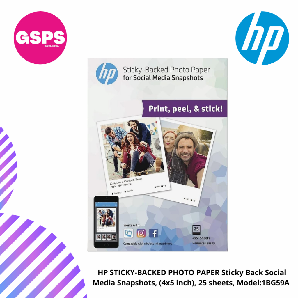HP STICKY-BACKED PHOTO PAPER Sticky Back Social Media Snapshots, (4x5 ...