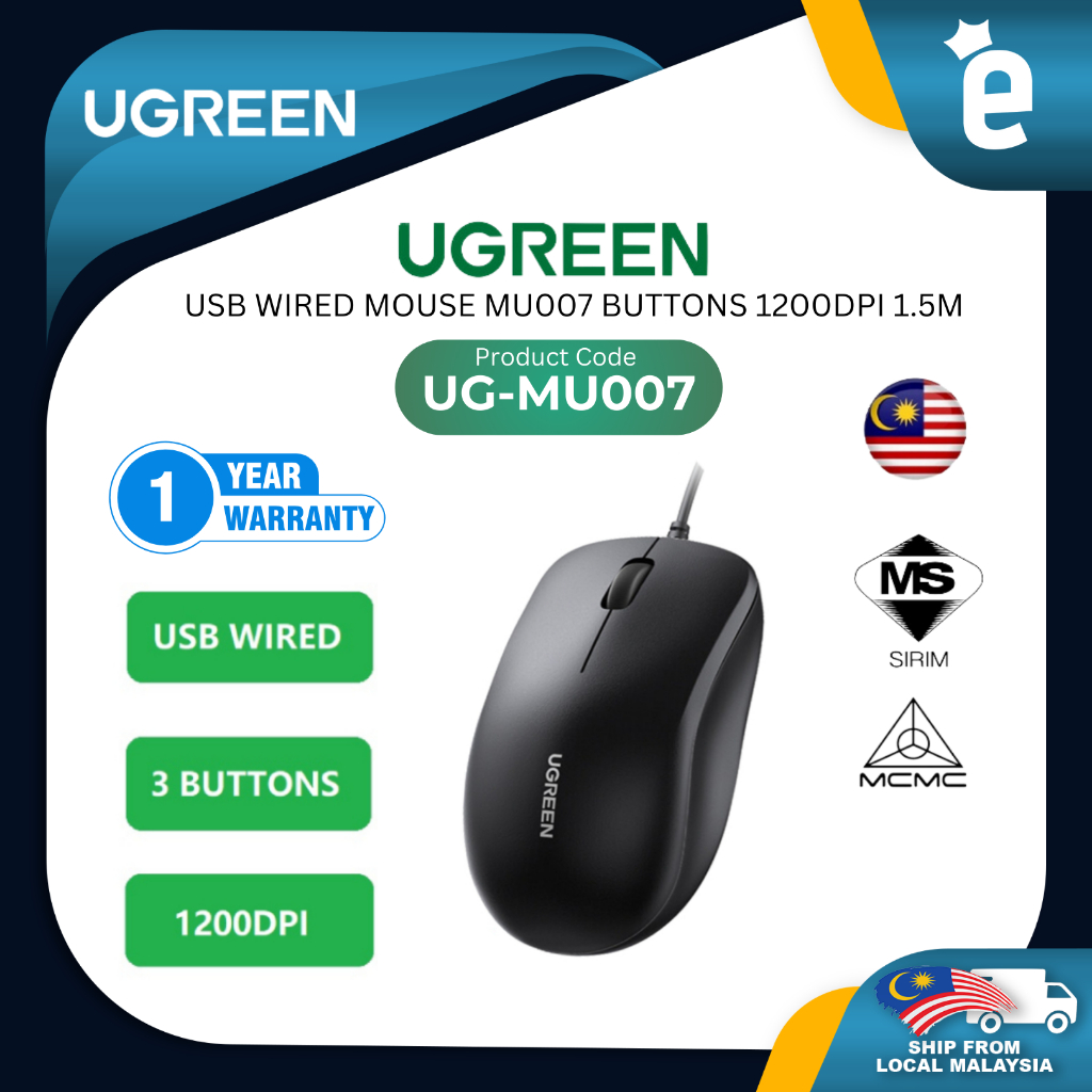 UGREEN USB WIRED MOUSE MU007 WITH 3 BUTTONS 1200DPI 1.5M FOR LAPTOP ...