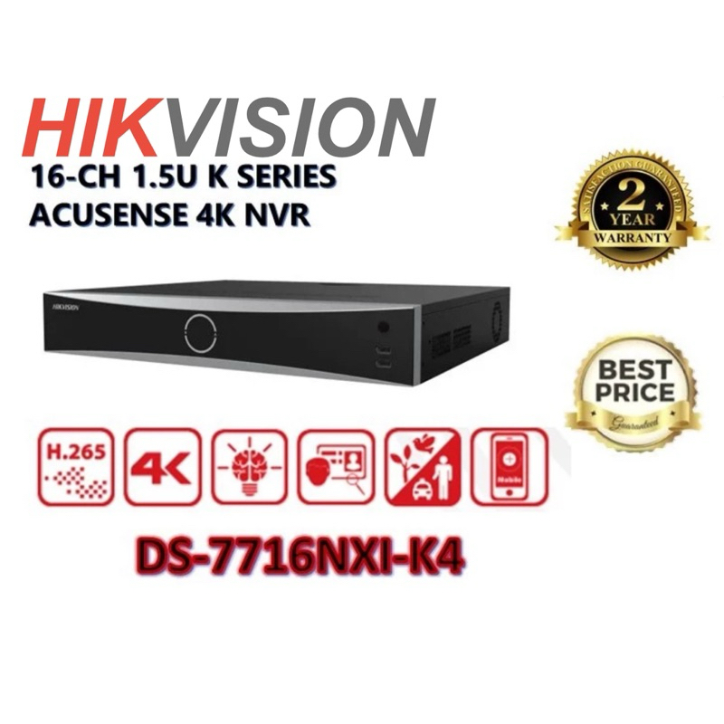 HIKVISION 16CH / 16 CHANNEL DS-7716NXI-K4 1.5U K SERIES ACUSENSE 4K NVR NETWORK RECORDER ...
