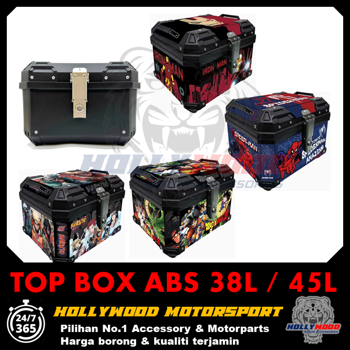 TANKER ABS TOP BOX 38L 45L PREMIUM ALUMINIUM LOCK COLOR IRON MAN NARUTO DRAGON BALL SPIDERMAN ...
