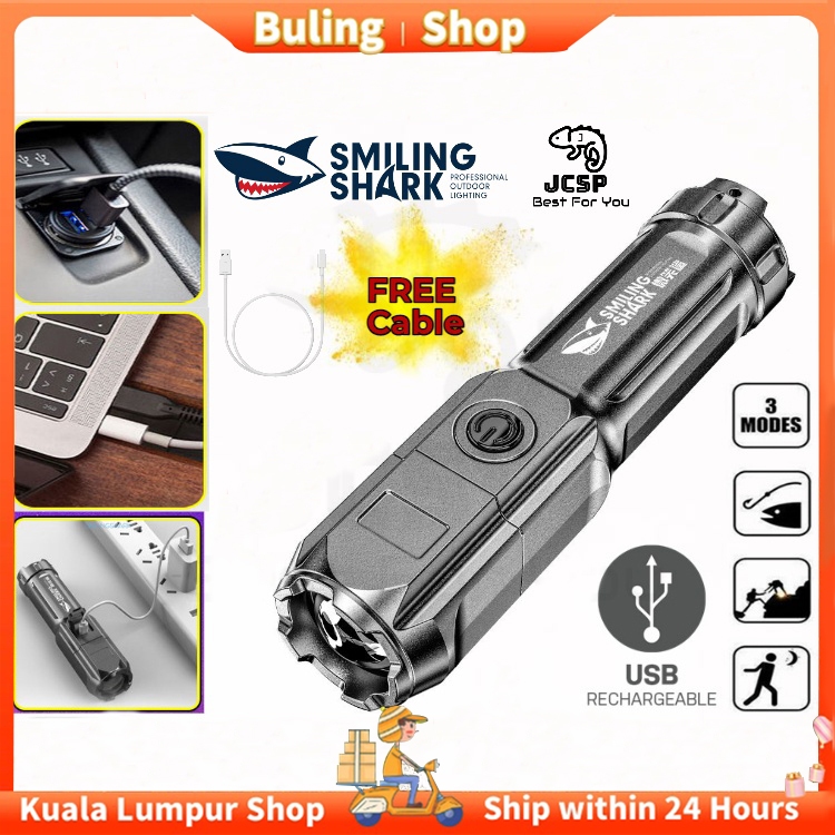 SMILING SHARK Zoomable Torch Light Outdoor LED Flashlight Super Bright ...