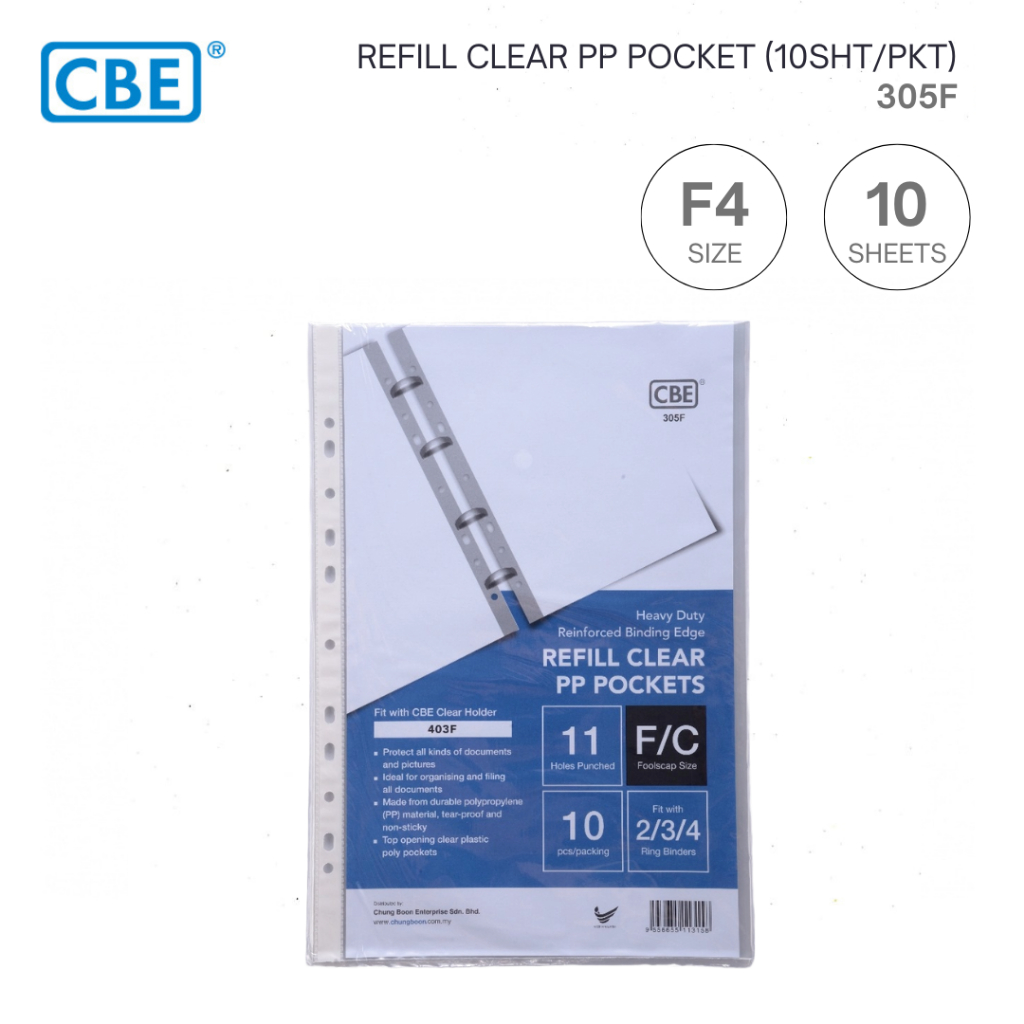 CBE 305F Refill Clear PP Pockets F4 | 11 Holes | For 2/3/4 Binder Ring ...