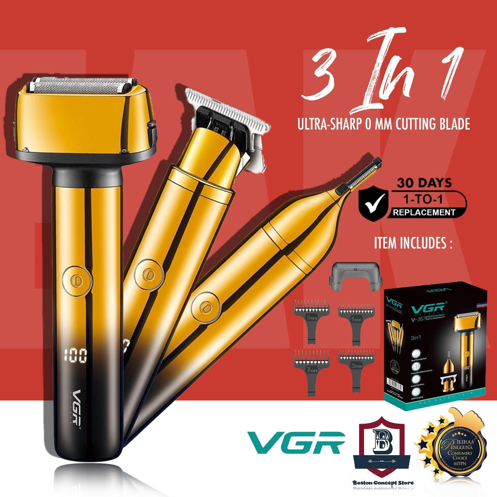 VGR 3 IN 1 Beard Shaver LED Display Eyebrows Trimmer Rechargeable Electric Shaver 0mm Shaving ...