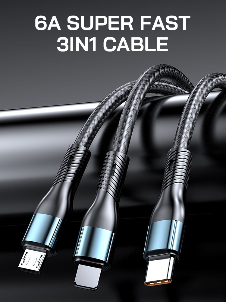 3in1 120W 6A Fast Charger USB Cable Type C / Micro / IP Quick Charging ...