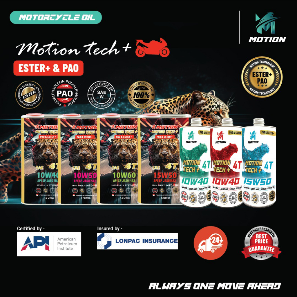 MOTION 4T Ester + PAO API SP JASO MA2 Fully Synthetic Motorcycle Engine Oil (15W50/10W40/10W50 ...