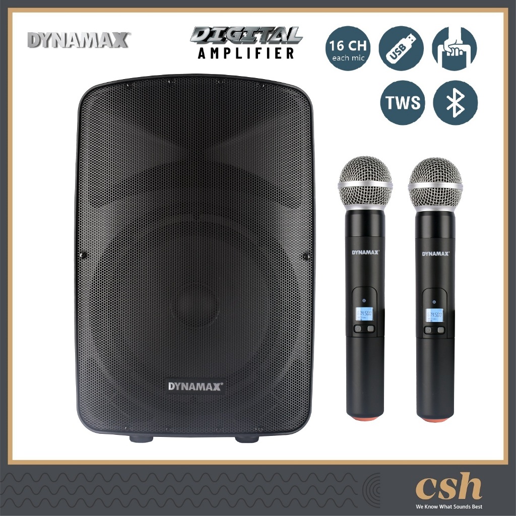 DYNAMAX SPX12 12" 200W Professional Active Portable PA Speaker With 2 pcs 16 Channel UHF ...