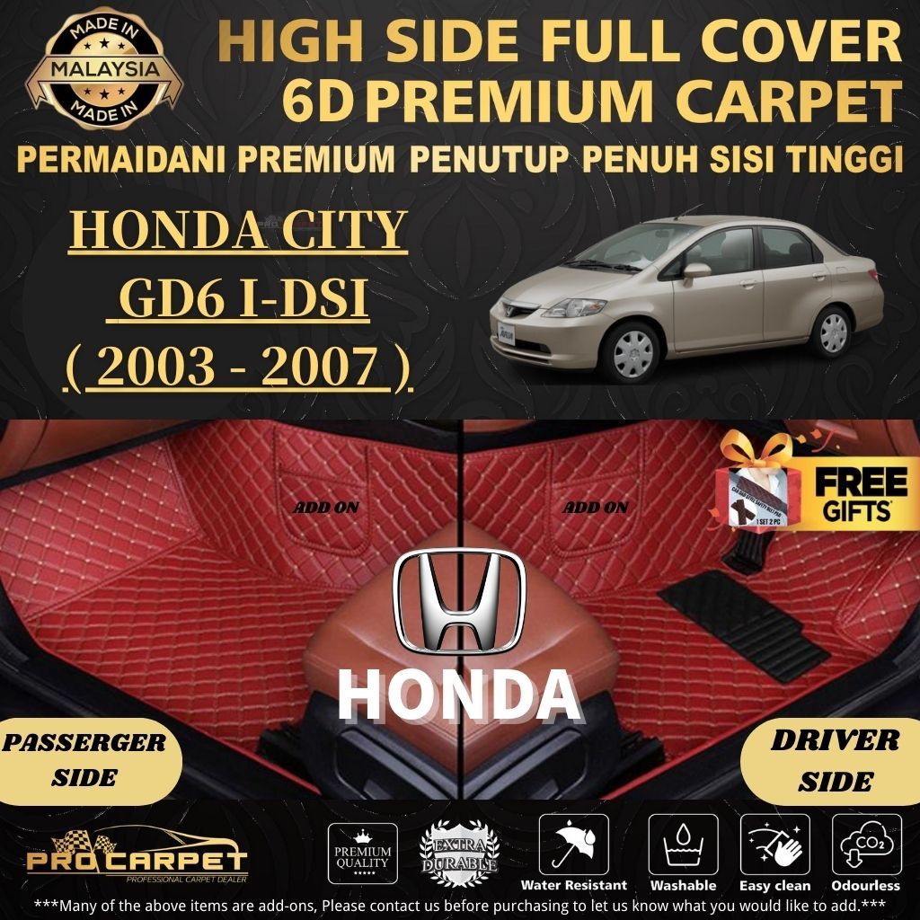 HONDA CITY GD6 GD8 ( 2003 - 2007 ) 6D CAR CARMAT 6D PREMIUM LUXURY PU LEATHER CARPET KARPET ...