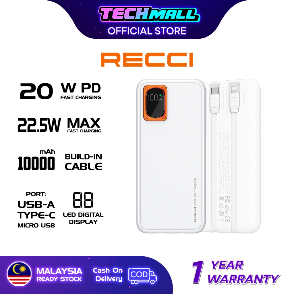 RECCI RPB_P28 22.5W + PD 20W Power Bank 10000mAh (Built-In Type-C + Cable For iOS Device ...
