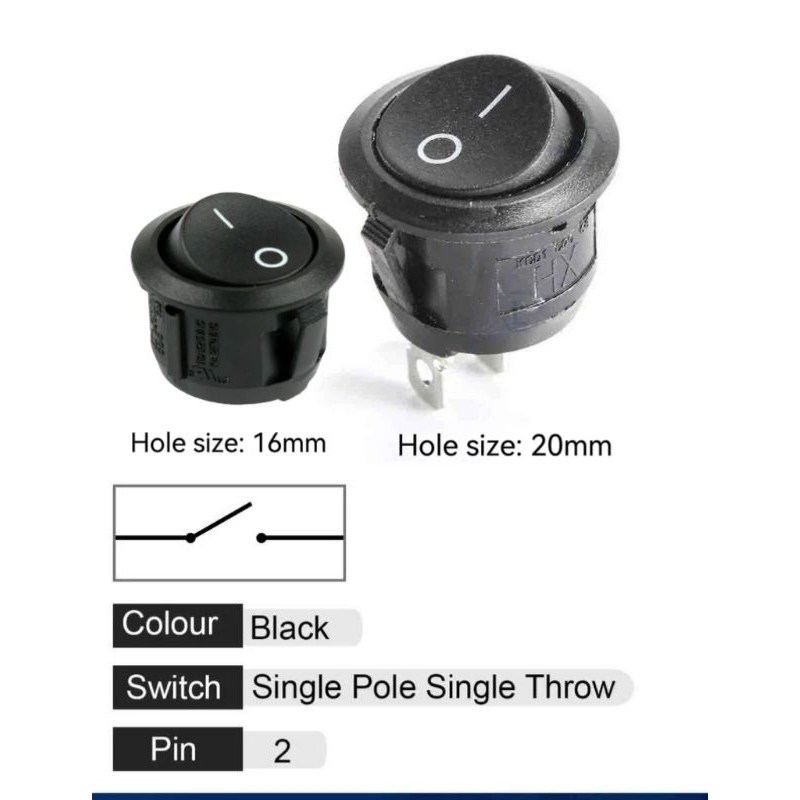 Car On/Off Car Boat Rocker Switch 2pin (Hole size 16mm or 20mm ...