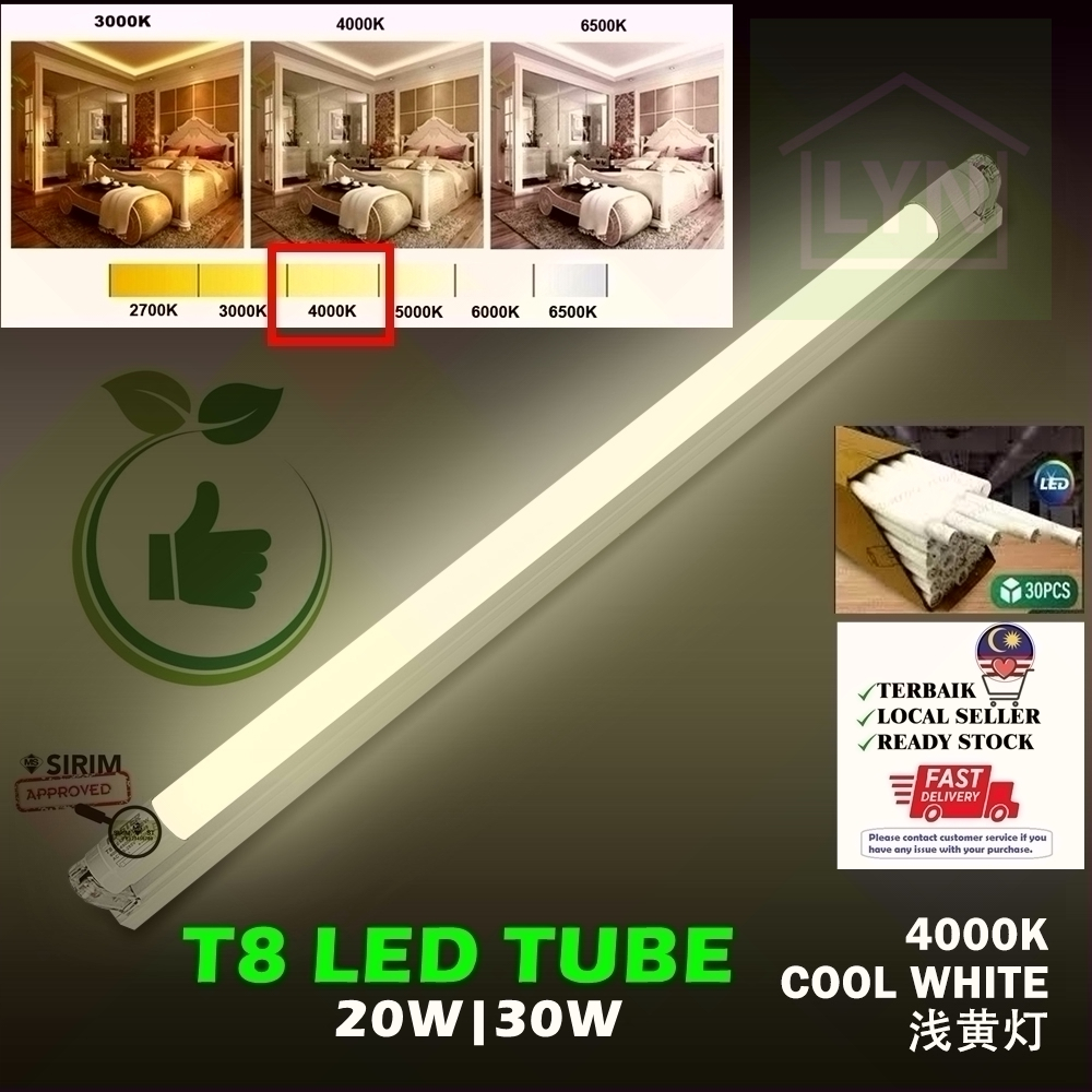(30pcs/carton)4000K LED T8 Extra Bright 20W 30W 4FT Light Tube Lampu Kalimantang Terang Cool ...