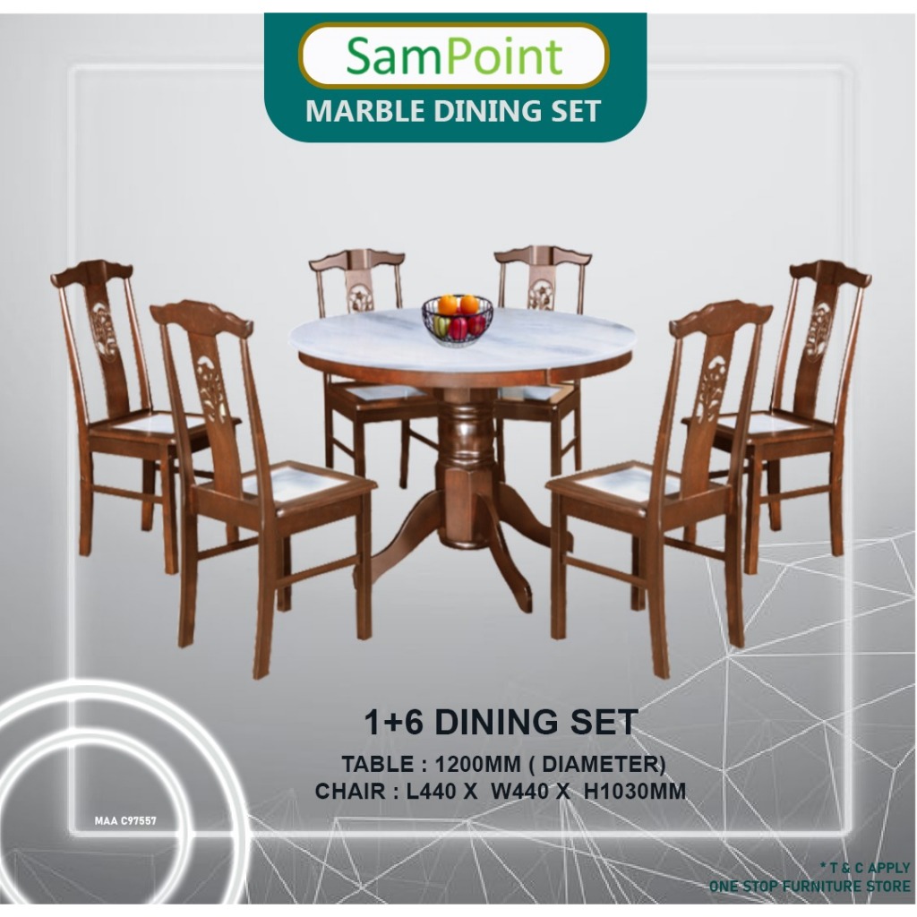 SamPoint_6 Seater Walnut Round Marble Table Top Dining Set_ Ready Stock ...