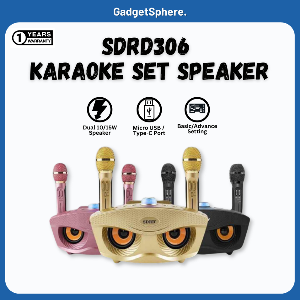 SDRD Portable Bluetooth Speaker with Dual Wireless Microphone Mobile Karaoke Set SD306 Plus ...