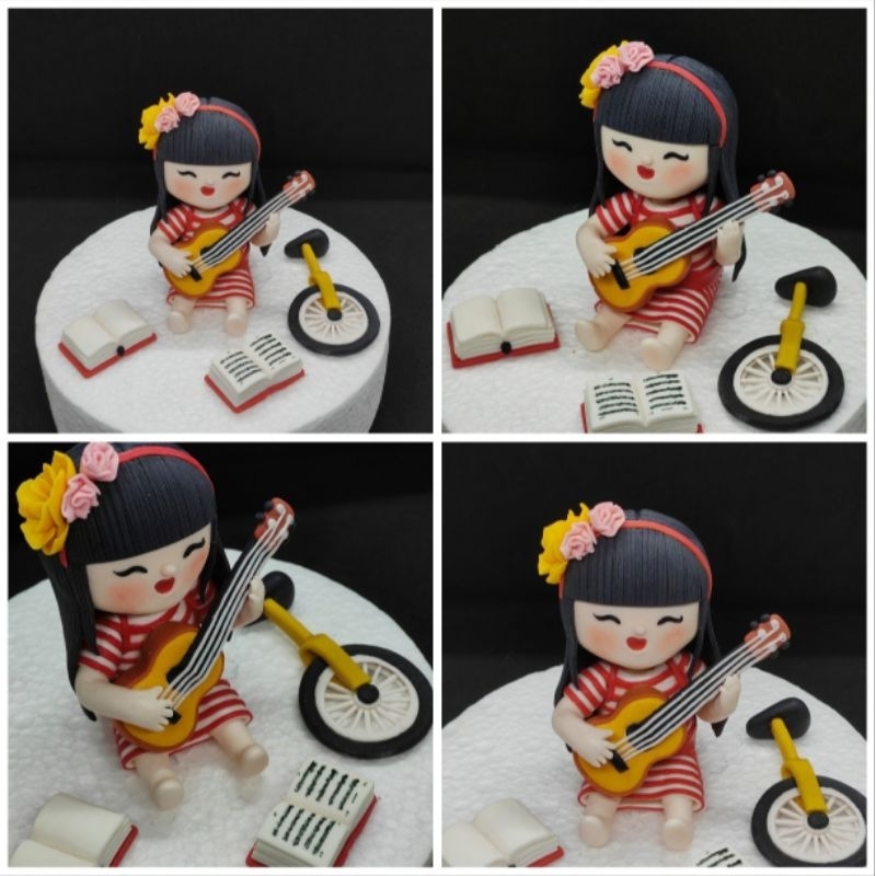 Edible fondant girl with ukulele set figurine cake topper 翻糖女孩和尤克里里主题 ...