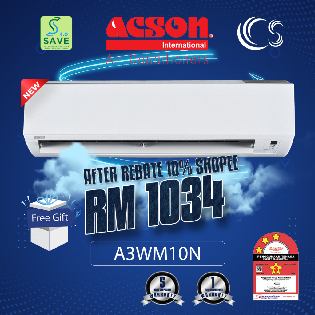 ACSON aircond NON INVERTER R32 1.0HP-2.5HP A3WM10N/A3WN15N/A3WN20N ...