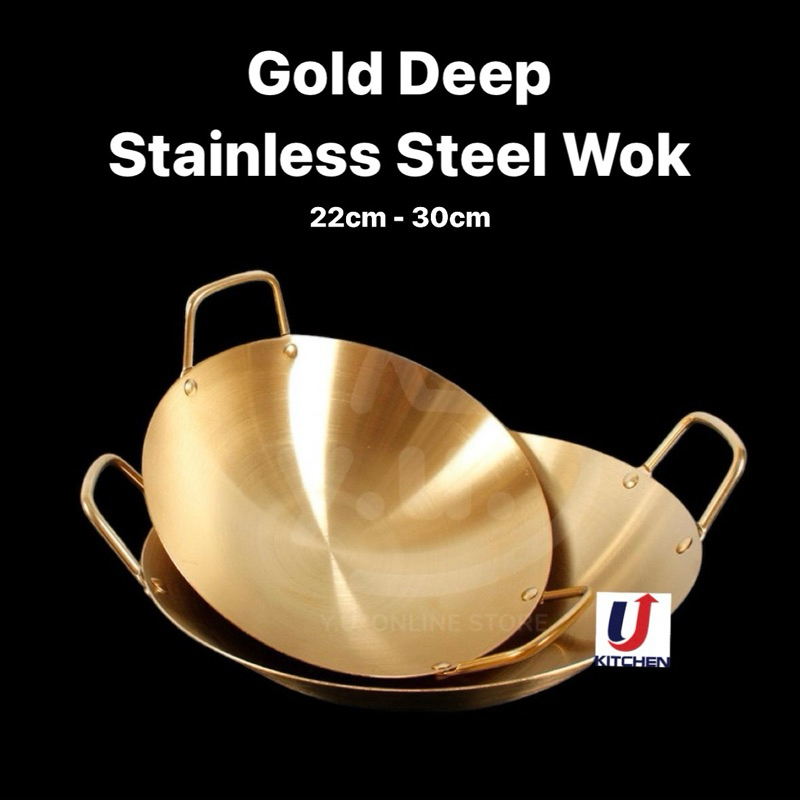 Gold Double Handle Stainless Steel Wok / Kuali Emas bertangkai / Kuali ...