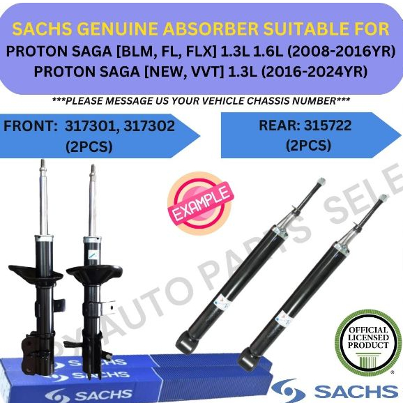SACHS GENUINE ABSORBER (FRONT, REAR) FOR PROTON SAGA [BLM, FL, FLX] '08 ...