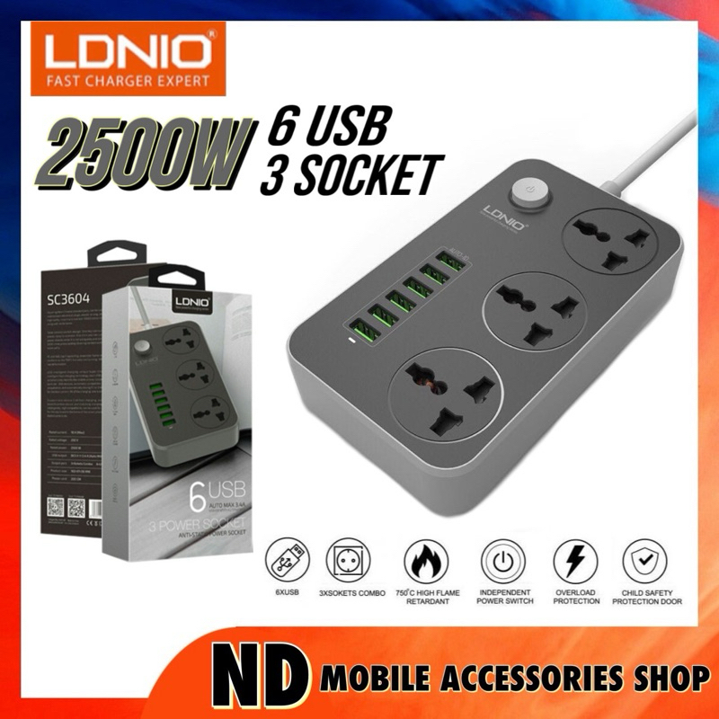 LDNIO SC3604 2500W 3 Power Socket & 6 USB Port Universal Extension ...
