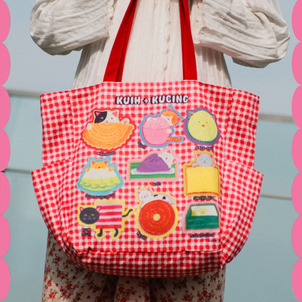 Kuih + Kucing Red Large Tote Bag safiy_arts | Shopee Malaysia