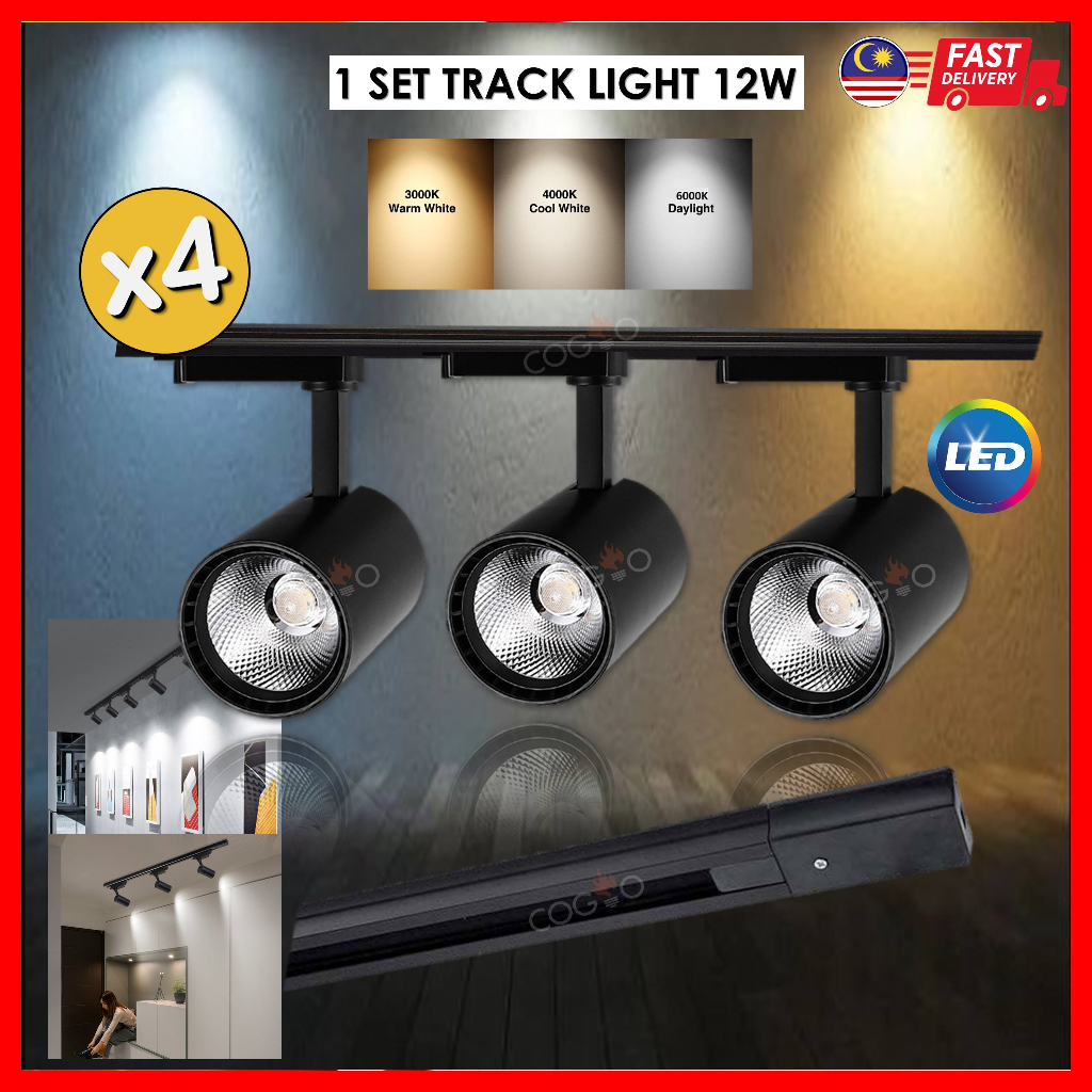 1 Set Track Light Set Rail 12W Spotlight Black/White Track Lampu Spot ...