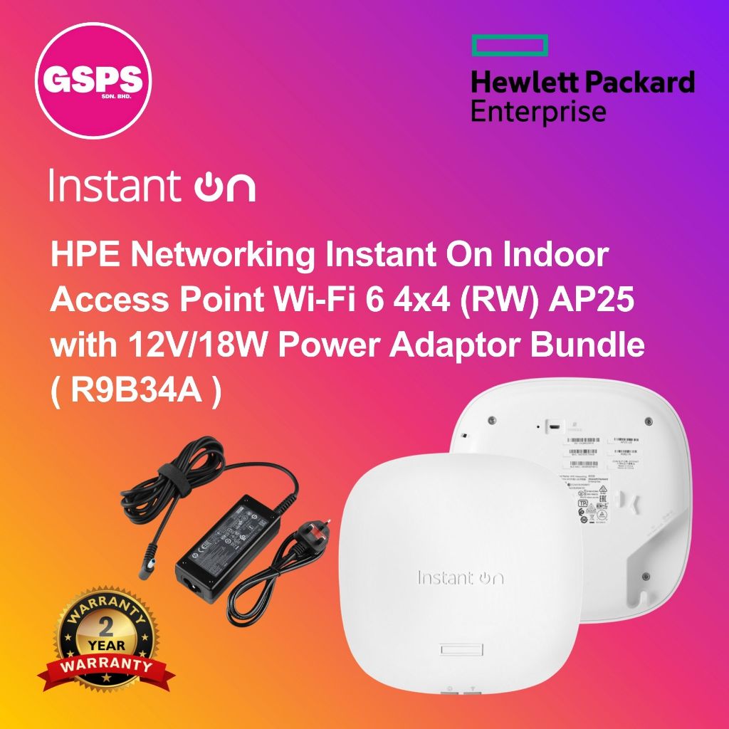 HPE Networking Instant On Indoor Access Point Wi‑Fi 6 4x4 (RW) AP25 with 12V/18W Power Adaptor ...
