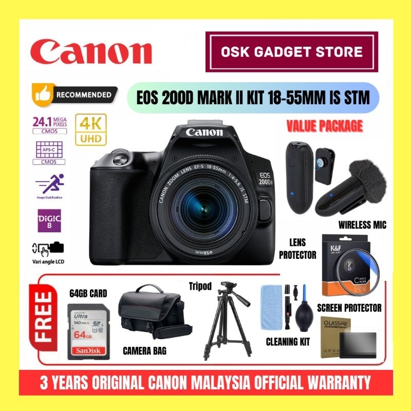Canon EOS 200D II 200D Mark II + 18-55mm IS STM Lens | 24MP APS-C ...
