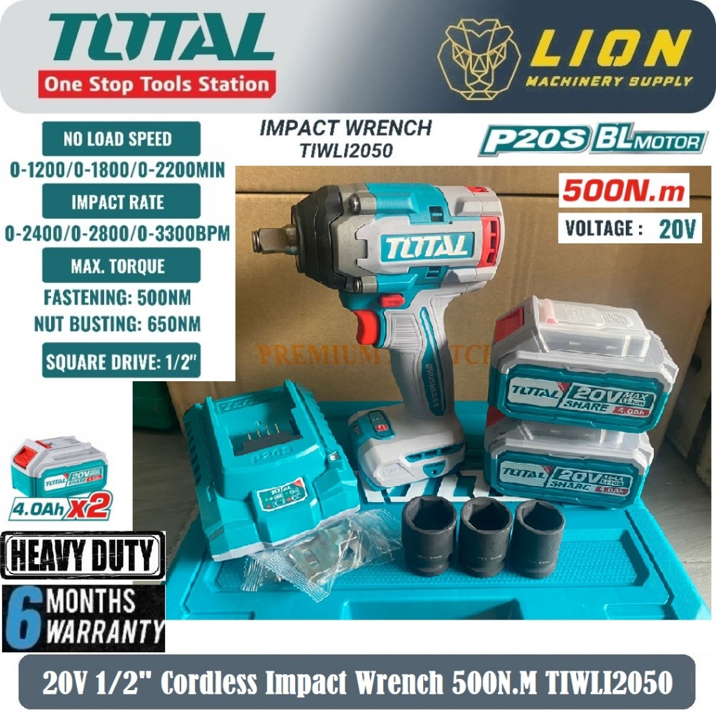 Total 1/2" 20V Li-ion Cordless Impact Wrench 500Nm TIWLI2050 with 2pcs ...