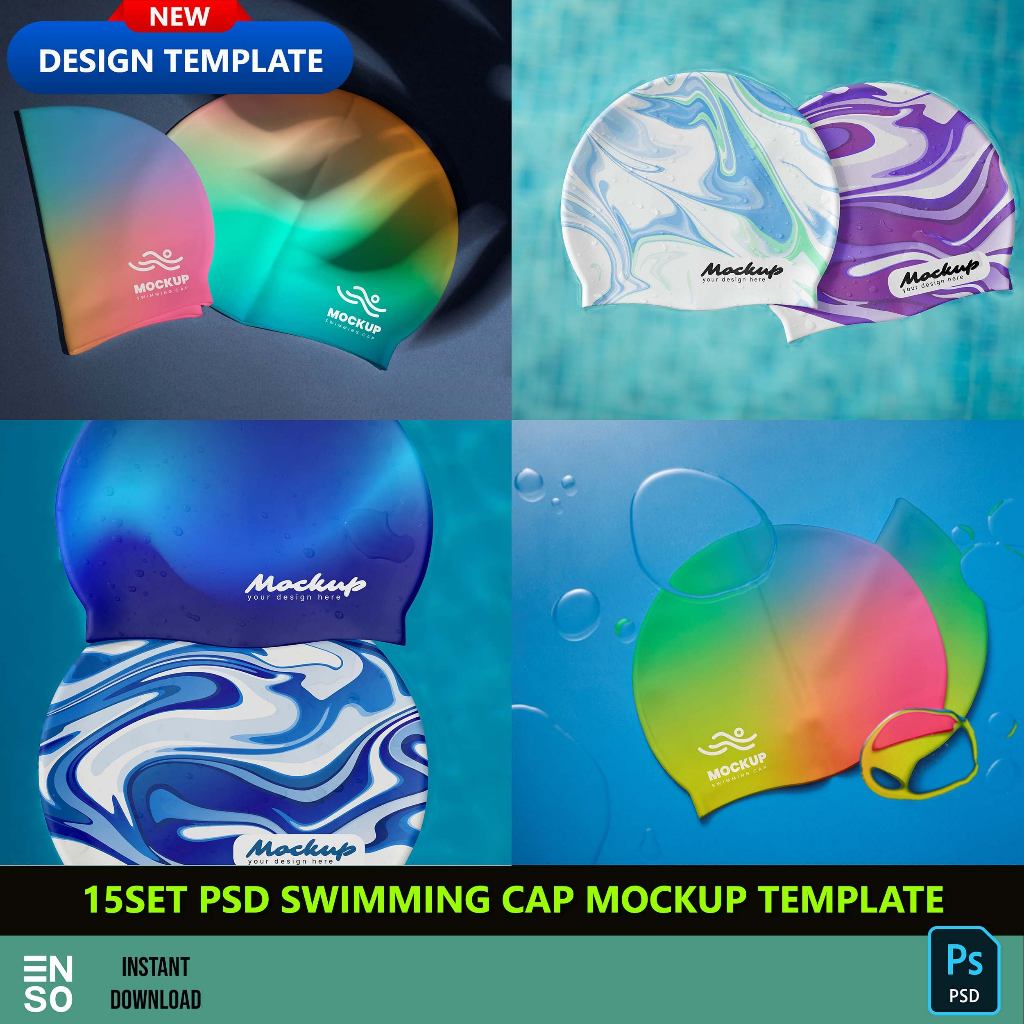 15-Set PSD Swimming Cap MOCKUP Template | PHOTOSHOP Design Template ...