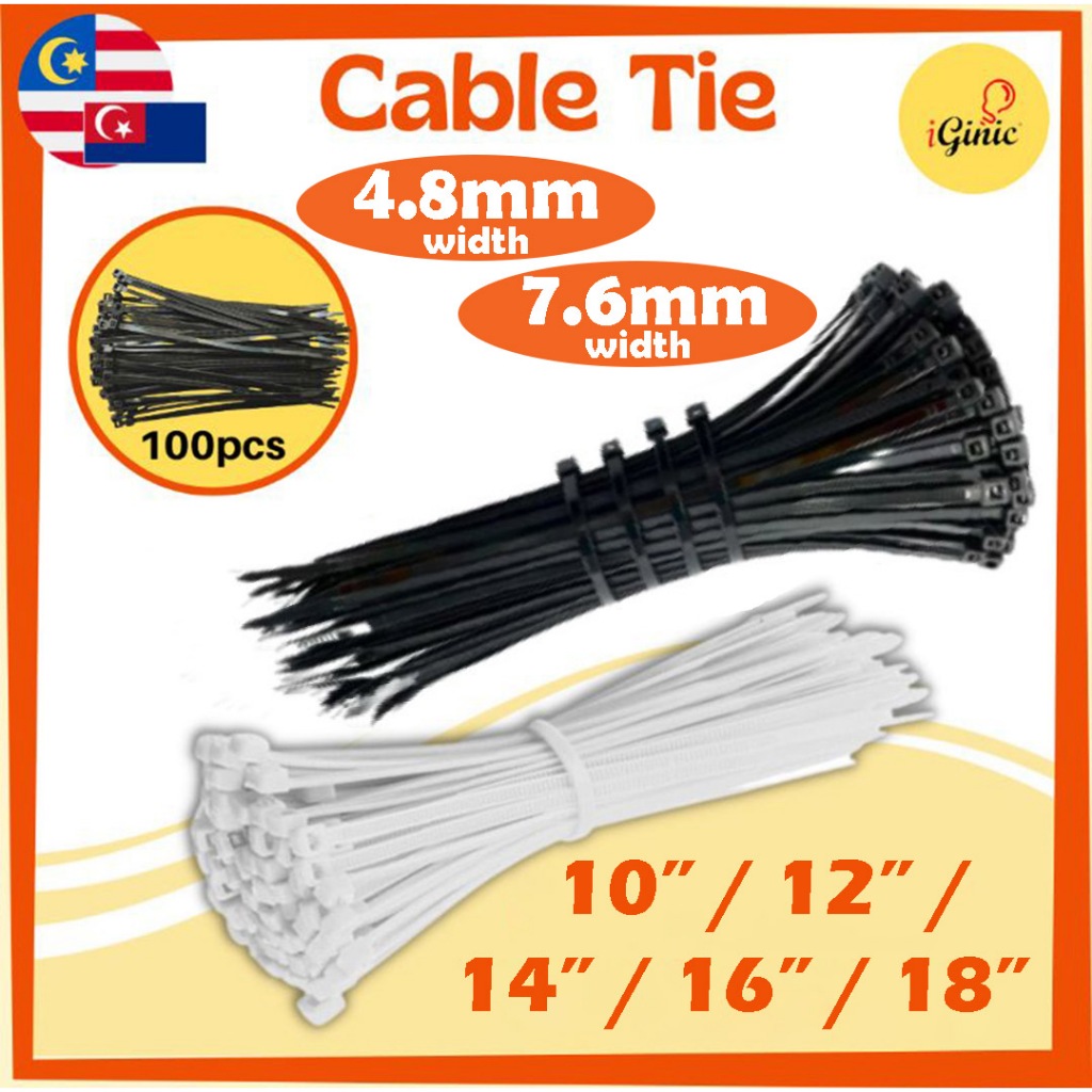 Cable Ties Nylon (100Pcs) 4.8mm/7.6mm 6" 8" 10" 12" 14" 16" 18" *Black ...