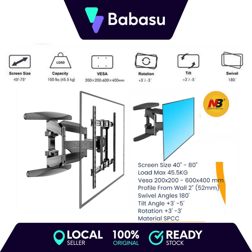 NB North Bayou P6 Cantilever TV Wall Mount Support 45" to 75" TV, Max ...