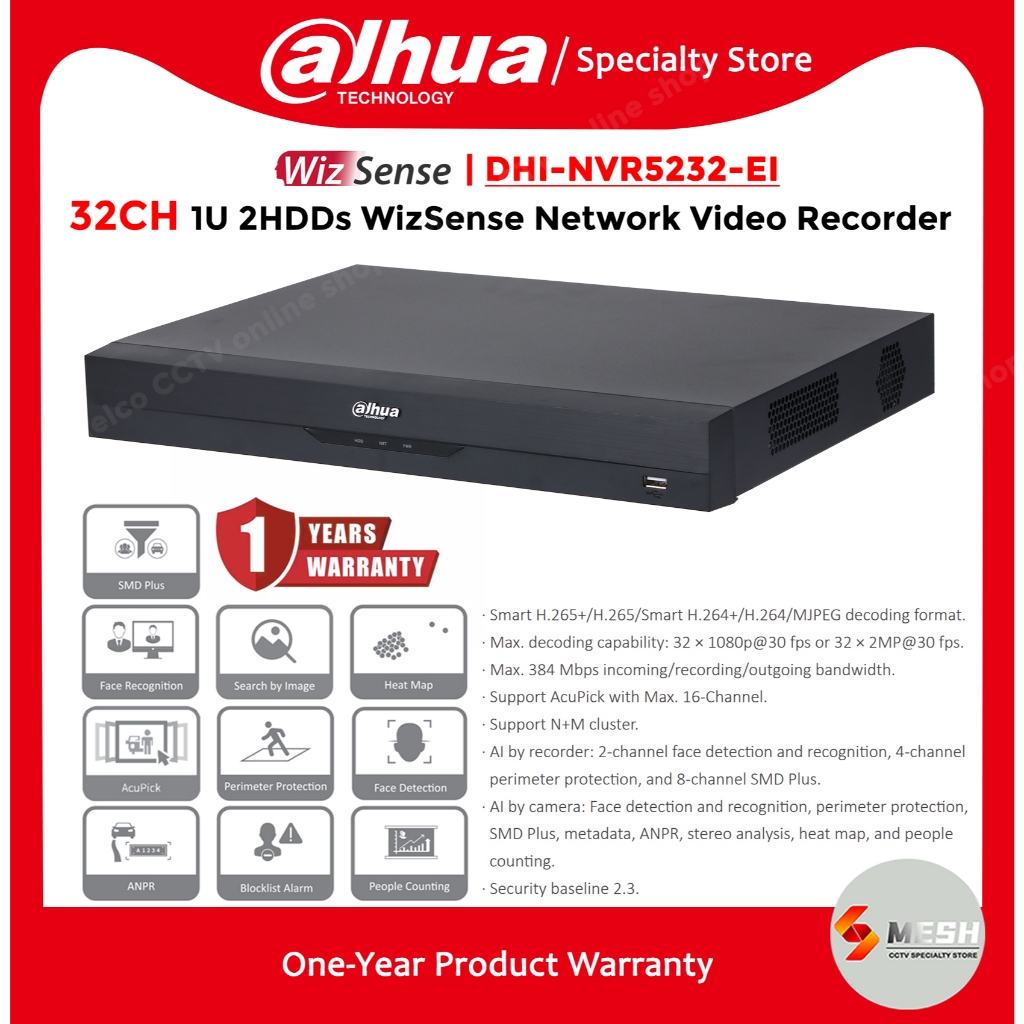 DHI-NVR5232-EI 32 Channels 1U 2HDDs WizSense Network Video Recorder | Shopee Malaysia