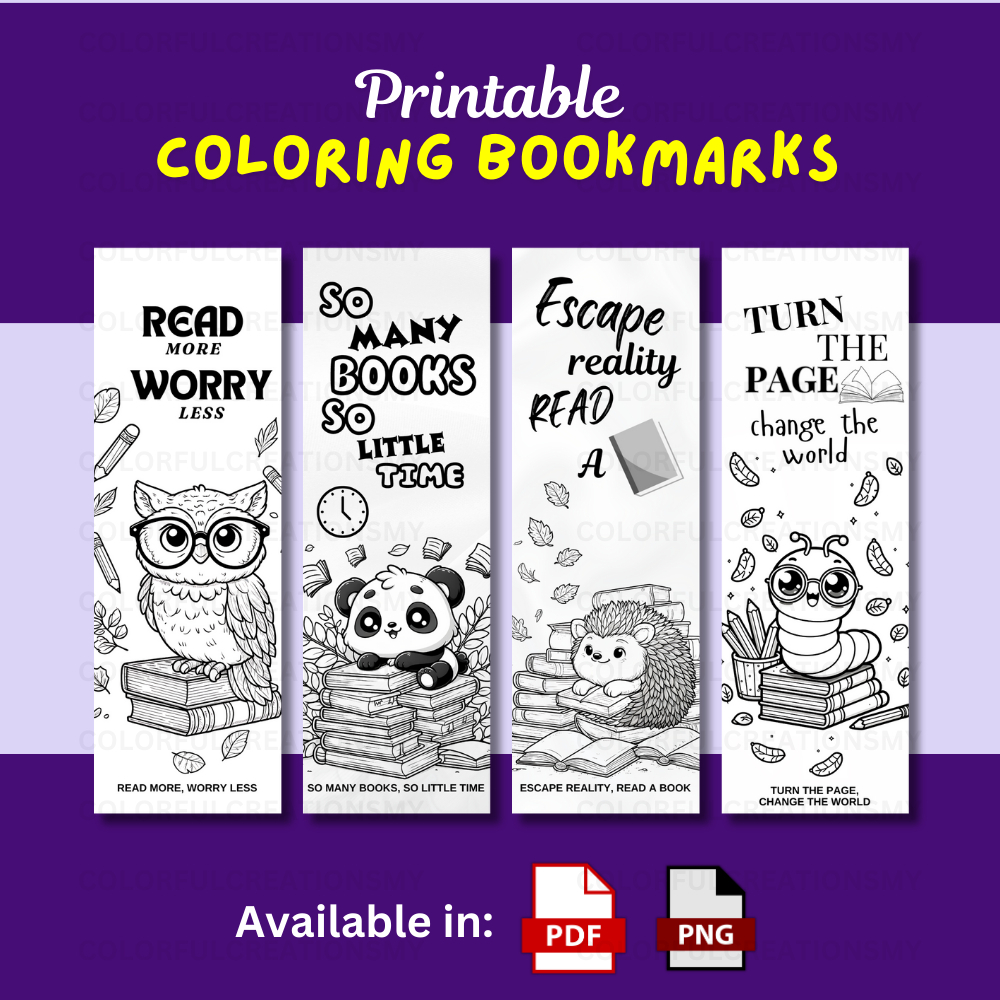 4 Printable Bookmarks Set, bookworm, reading accessories, kids coloring ...