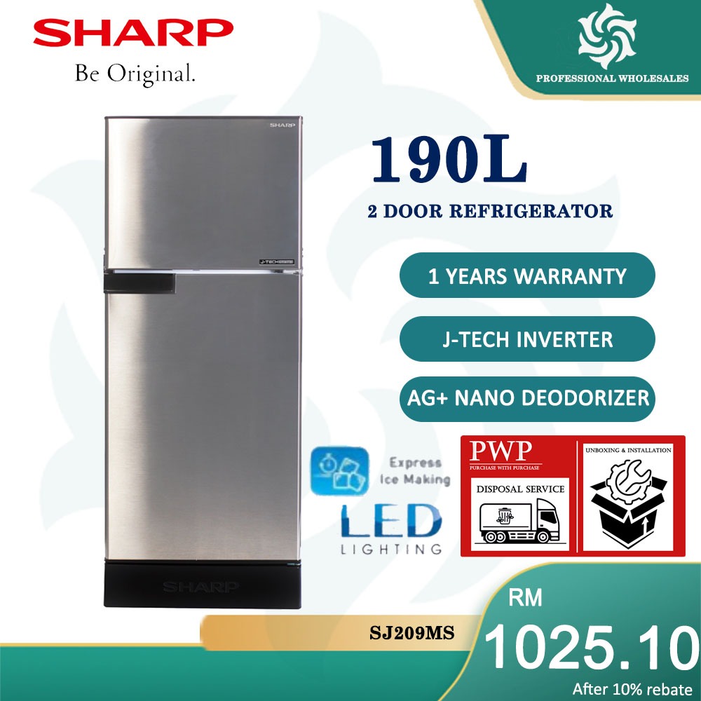 SHARP 190L J-TECH INVERTER 2 DOOR REFRIGERATOR SJ-209MS PETI SEJUK PETI ...
