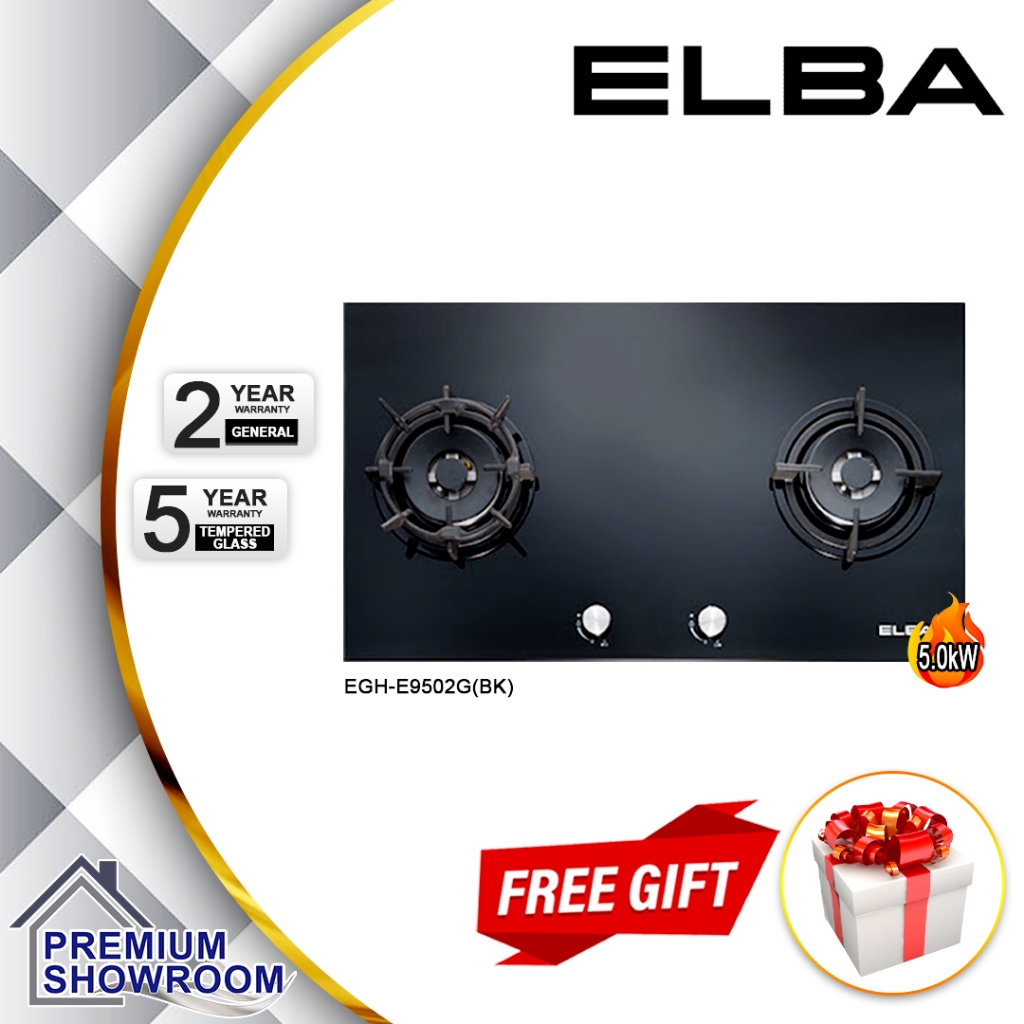 ELBA 2 Burners 5.0kW Built In Glass Hob with Safety Valve (BLACK) EGH-E9502G(BK) / elba 9502 ...