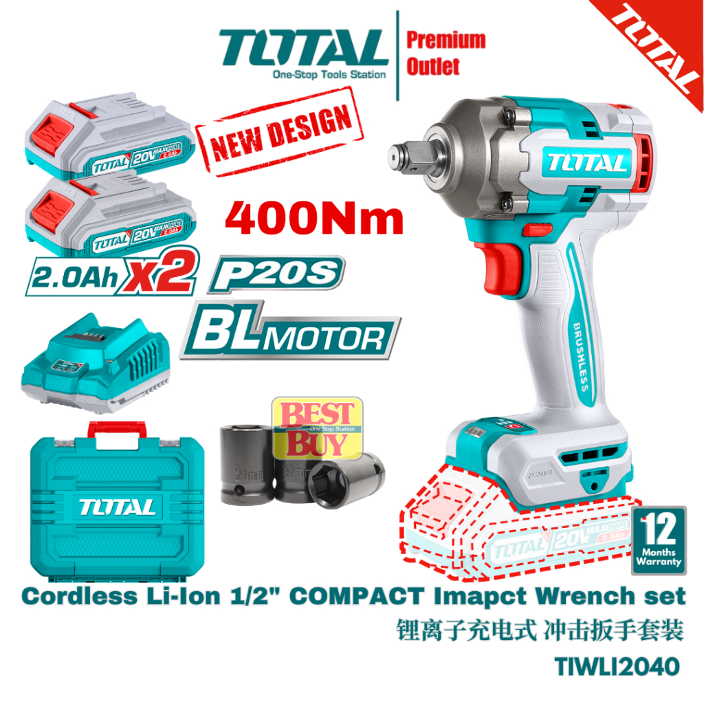 TOTAL P20s 20V 400Nm Cordless Series BL motor Impact Wrench 锂离子无刷电机冲击扳手 - TIWLI2040 / TIWLI20401 ...