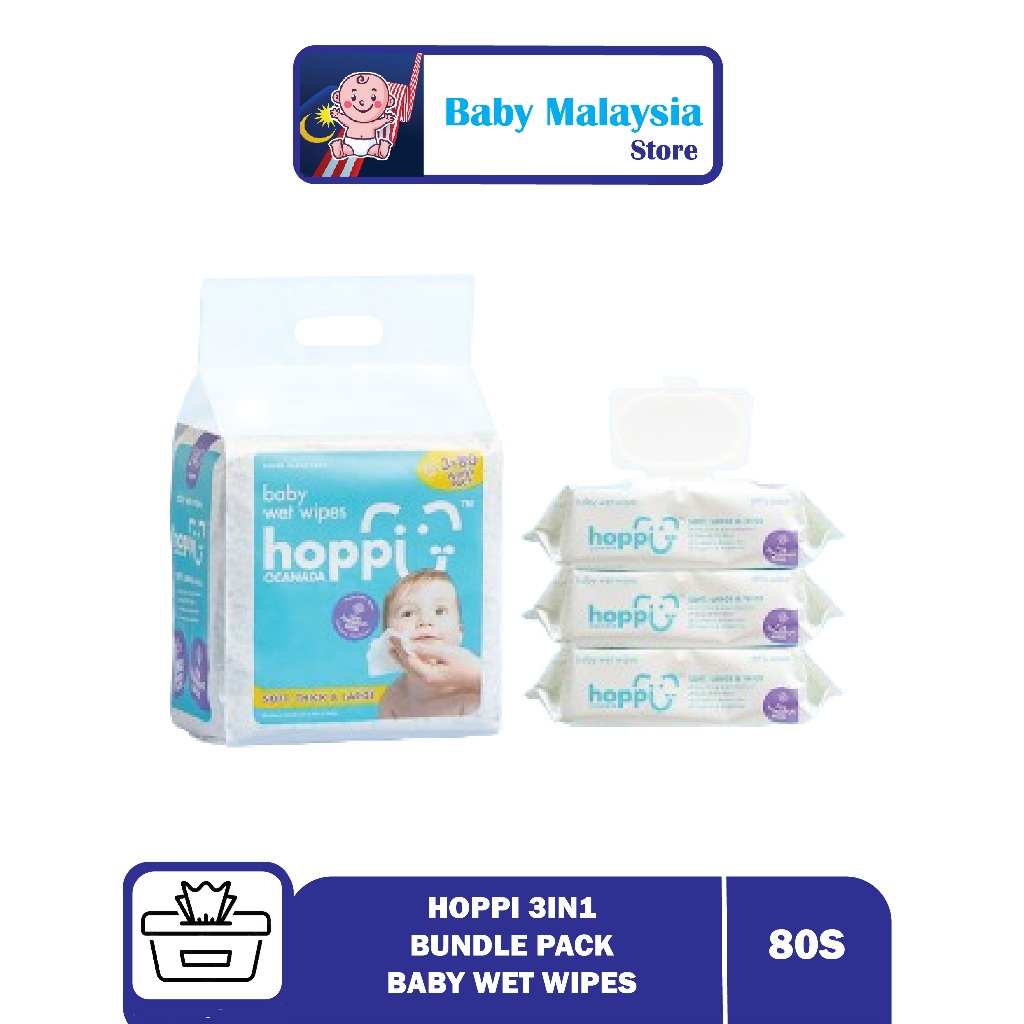 HOPPI 80 SHEETS 3-IN-1 BUNDLE PACK BABY WET WIPES WITH CAP | Shopee Malaysia
