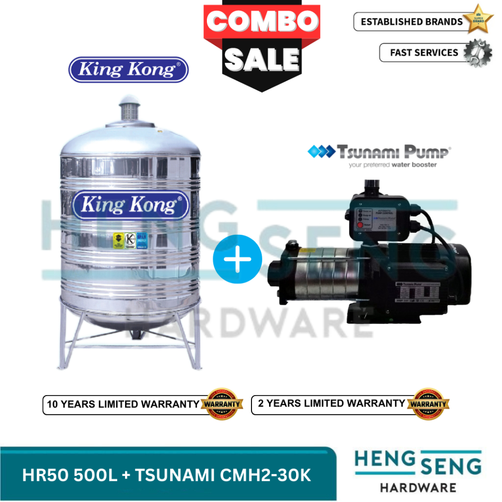 KINGKONG HR50 500L 110G SS304 WATER TANK (30D x 79H) + TSUNAMI CMH2-30K CI WATER PUMP ( 0.37KW ...